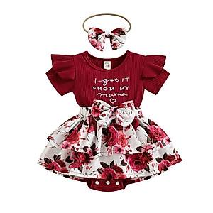 Newborn Baby Girls Daisy Romper Dress Summer Mama Saying Clothes Short Sleeve Jumpsuit Floral Onesie Headband (Wine Red, 6-12 Months)