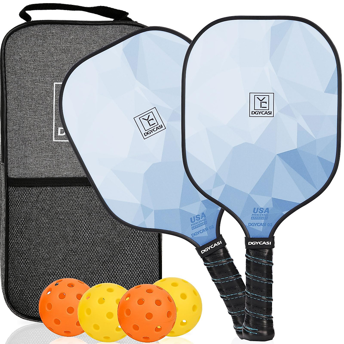 Pickleball Paddles Set of 2, 2024 USAPA Approved, Carbon Fiber Surface (CHS), Polypropylene Honeycomb Core, Anti-Slip Sweat-Absorbing Grip, 4 Pickleball, Portable Carry Bag (Blue)