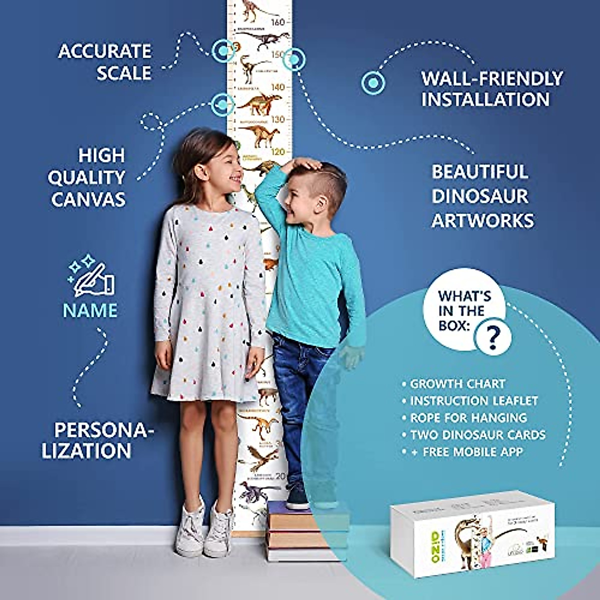LIFELIKO Personalised Growth Chart for Dinosaur Lovers, Removable Wall Ruler for Boys and Girls, Kid’s Room Decoration (White)