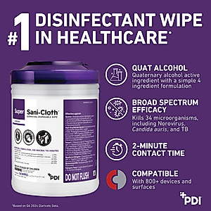 PDI-Q55172 Professional Disposables Surface Disinfectant Super Sani-Cloth Wipes, 160 Count - Purple