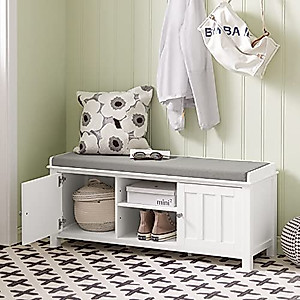Haotian FSR35-W, White Storage Bench with 2 Doors, Shelf & Removable Seat Cushion, Shoe Cabinet, Shoe Bench