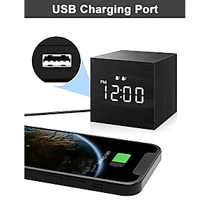 JALL Digital Alarm Clock, with Wooden Electronic LED Time Display, Dual Alarm, 2.5-inch Cubic Small Mini Wood Made Electric Clocks for Bedroom, Bedside, Desk, Black
