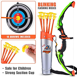 Bow and Arrow for Kids with LED Lights - Kids Archery Set includes 1 Bow, 10 Suction Cups Arrows, 2 Targets and Quiver, Play Indoor and Outdoor for Boys Girls Aged 3 4 5 6 7 8-12 Years
