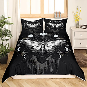 Death Moth Duvet Cover Set Queen Size Galaxy Sun and Moon Comforter Cover Boho Gothic Skull Bedding Set 3pcs for Kids Boys Teens Room Decor Black and White Quilt Cover with 2 Pillowcases, No Comforter