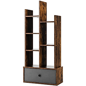 LOKO Rustic Bookshelf with Drawer, Industrial 3 Shelf Bookcase with Anti-toppling Device and 7 Open Compartments, Freestanding Vintage Wooden Book Shelf for Bedroom, Living Room (Rustic Brown)