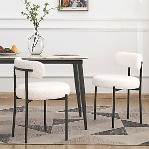 EDWELL White Dining Chairs Set of 2, Modern Dining Room Chairs Mid Century with 3.94" Cushions and Metal Legs, Round Upholstered Boucle Chairs for Kitchen, Living Room, Easy assembly