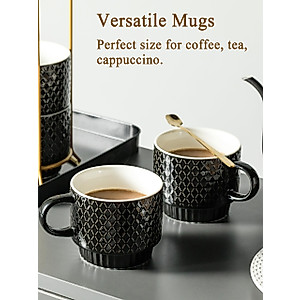 Gomakren Coffee Mugs Set of 4, 13 Ounce Stackable Coffee Mug Set with Stand, Stoneware Coffee Cup with Spoon for Coffee, Milk, Tea, Cocoa, Black