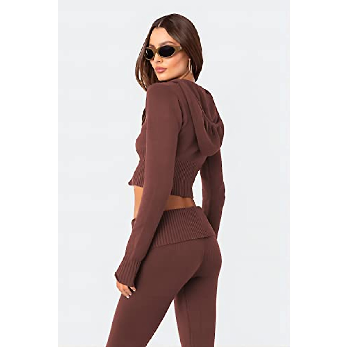 Zhiyouni Women's Kintted 2 Piece Outfits Long Sleeves Zip Up Hooded High Waist Skinny Pants Set Loungewear (Brown-L)