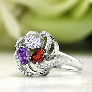 Gem Stone King 925 Sterling Silver Promise Customized and Personalized Build Your Own 3 Birthstone For He Engagement Flower Blossom Ring For Women (Size 9)