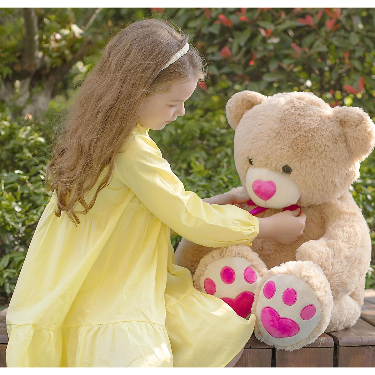 Tezituor Big Teddy Bear Stuffed Animal, Giant Teddy Bear with Pink Love for Girlfriend Boyfriend Kid, Large Stuffed Bear Plush for Valentines Day/Birthday/Baby Shower, 36 inches Tan