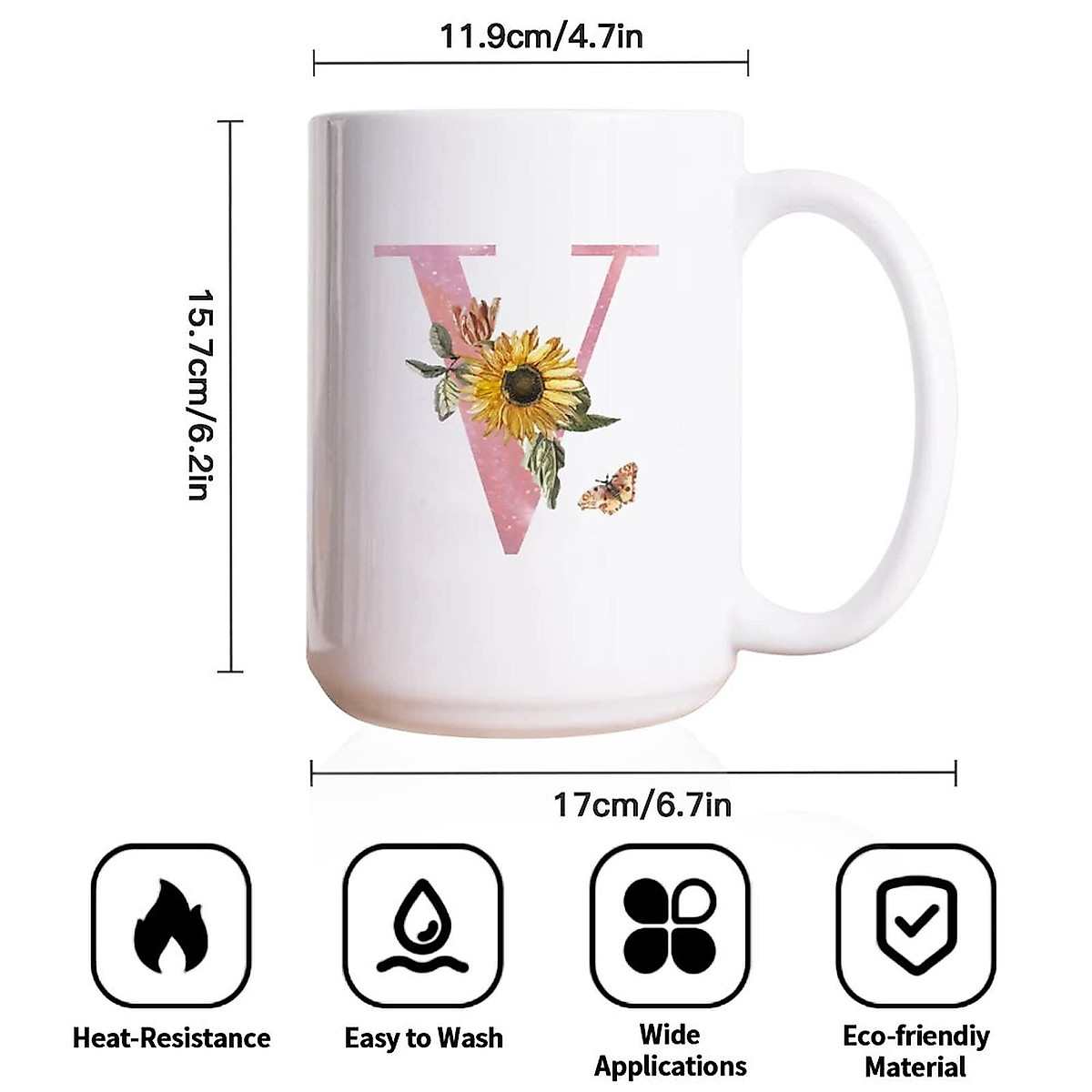 Novelty Quote White Ceramic Coffee Mugs 15oz,Sunflower Pink Initial Alphabet Monogram Letter V Funny Coffee Mug Porcelain Humorous Coffee Cup for Christmas Friends Classmate Teacher Kids