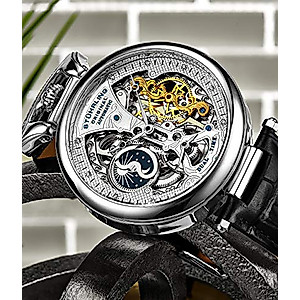 Stührling Original Mens Skeleton Watch Dial Automatic Watch with Calfskin Leather Band and - Dual Time, AM/PM Sun Moon