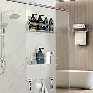 Nynelly Over The Door Shower Caddy, Acrylic Shower Caddy Shelf with Hooks, No Drilling Hanging Shower Organizer for Bathroom Storage, Body Wash Shampoo Holder