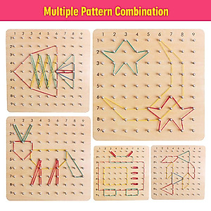 Skrtuan Wooden Geoboard with Rubber Bands, Montessori Educational Toy for Kids, Pattern Block Geo Board with Pattern Cards and Rubber Bands Create to Figures Shape STEM Puzzle Matrix Brain Teaser