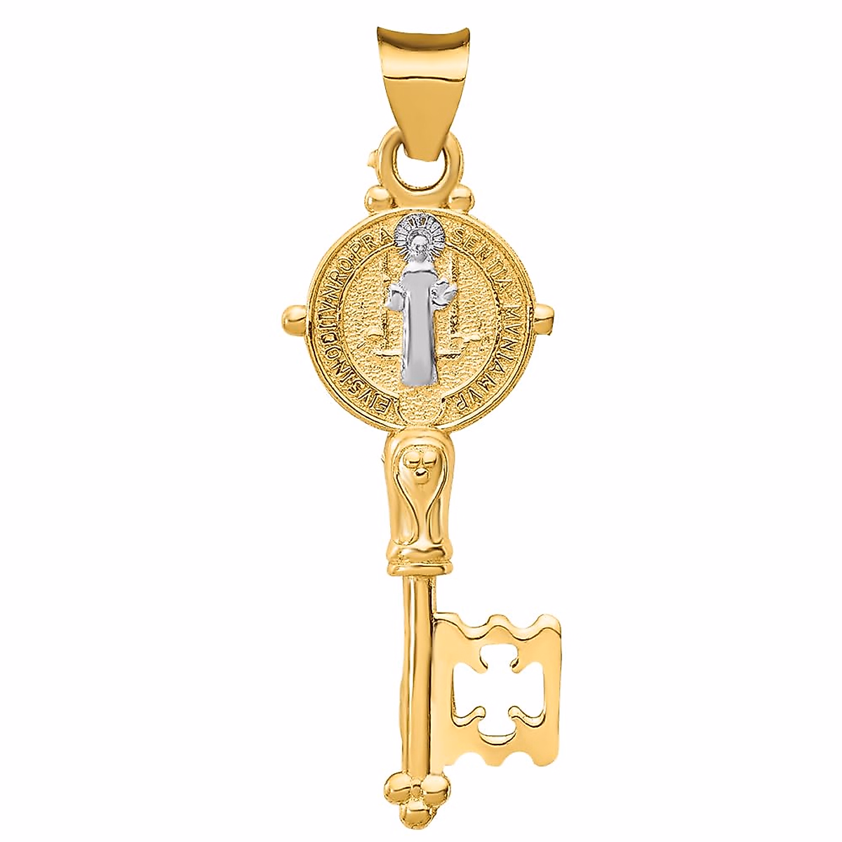 Diamond2Deal Gift for Mothers Day 14K Yellow Gold with Rhodium Plated Religious Crucifix Cross Key Pendant Fine Jewelry for Women (L- 34.25 mm W- 11.6 mm)
