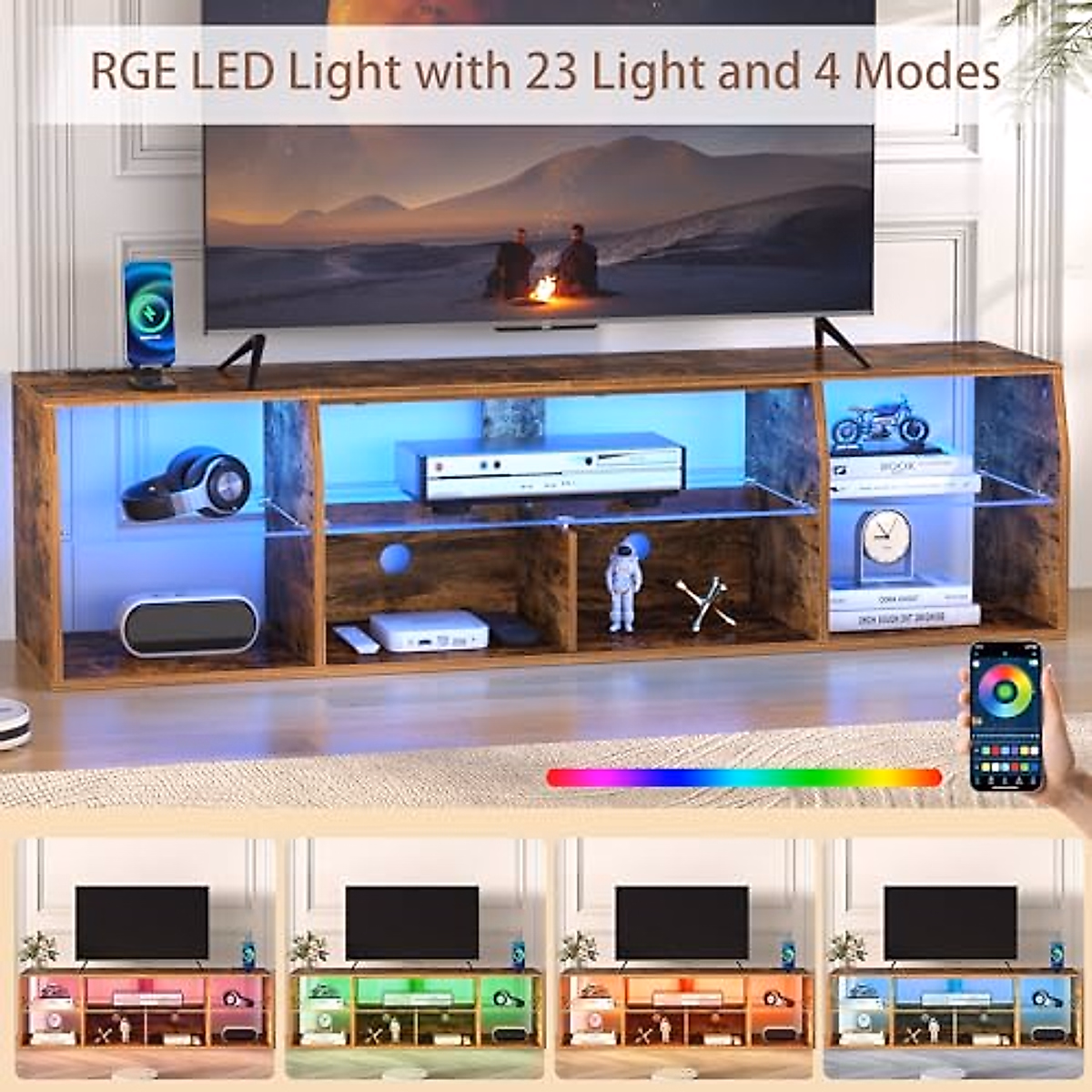 VECELO LED TV Stand for 70 inch Entertainment Center with Power Outlets, Industrial Television Cabinet with 7 Open Storage Shelves, for Living Room and Bedroom, Retro Brown, 70inch