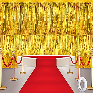 Tegeme Carpet Runner Aisle 2.6 x 30 Feet with Carpet Tape and 4 Pieces of 8.2 x 3.2 Feet Metal Tinsel Tassel Curtains for Halloween Birthday Wedding Party Decoration(Red)