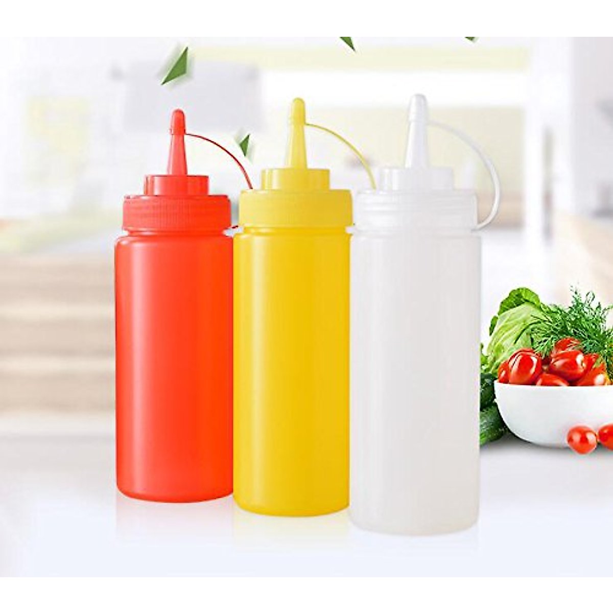3PCS 12oz/360ML Empty Refillable Squeeze Sauce Condiment Bottles Food Grade Mustard Storage Container Jar Pot with Twist on Cap Lids for Ketchup Mayo Vinegar Cream Honey Salad Dressing(Color Random)