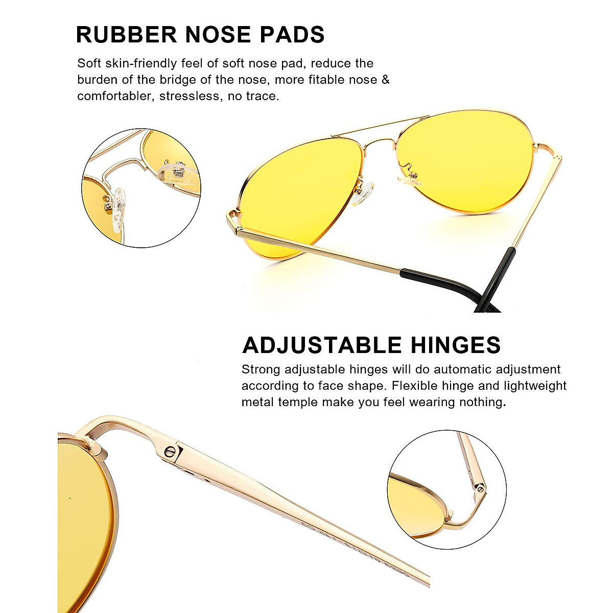 SODQW Aviator Night-Driving Glasses, Night-vision Goggles Anti Glare Polarized Yellow Lens, Fashion Safety Glasses (Gold Frame/Yellow Night-Driving Glasses)