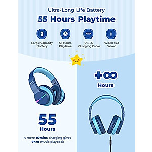 iClever BTH12 Kids Bluetooth Headphones,Colorful LED Lights Wireless Kids Headphones,74/85/94dB Volume Limited,55H Playtime,Bluetooth 5.2,Over Ear Headphones Built-in Mic for iPad/Tablet/Airplane,Blue
