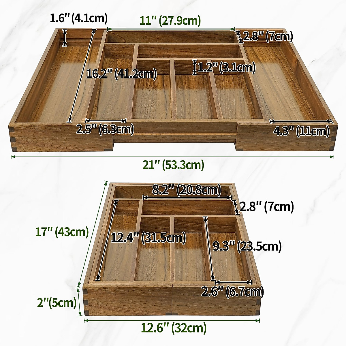 Luxury Acacia Kitchen Drawer Organizer - Silverware Organizer - Utensil Holder and Cutlery Tray with Grooved Drawer Dividers for Flatware and Kitchen Utensils (8 Slot), 17*12.4*2 inch