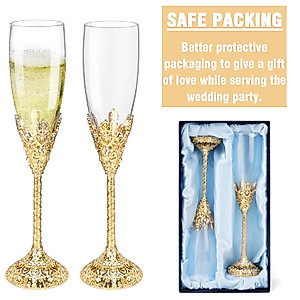 Jozen Gift Gold Champagne Flutes - Crystal Glasses&Metal Base With Crystal Stone, Set of 2 Toasting Flute Pair, Wedding Anniversary, Party Birthday Banquets Gifts for Bride and Groom 6 oz
