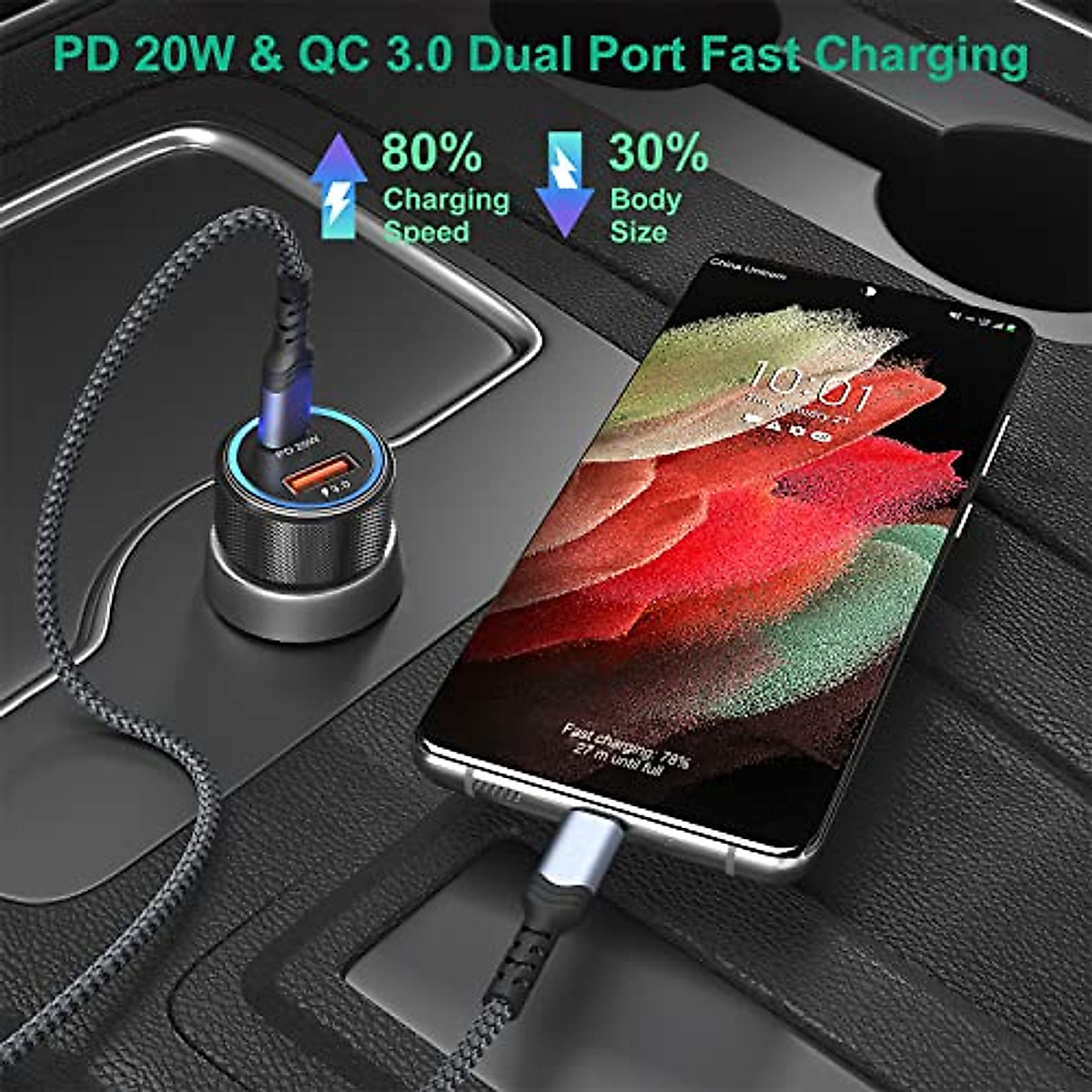 Super Fast Charger Type C,Bangfun 25W USB C Fast/Car Charger for Samsung Galaxy S22/S23/S21/S20 Ultra/S10,Note 20/10,A13/A53/A71,Pixel 6A/7 Pro with 2Pack 6.6ft USB C to Type C Cable (Black)