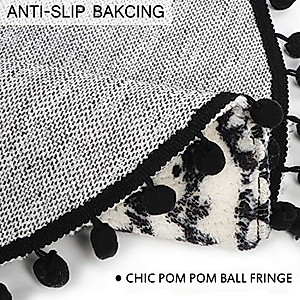 HAOCOO Round Area Rugs 2ft with Pom Pom Ball Fringe Black and Beige Soft Velvet Small Throw Rugs Non-Slip Boho Geometric Floor Carpet for Bedroom Living Room Bathroom Home Decor