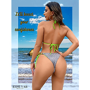 EHSUYAB Sexy Bikini Set, Thong String Triangle High Cut Metallic Bathing Suits for Women 2 Piece Bikini, Bralette Halter Tie Sparkly Padded Swimsuit Boudoir Beach Neon Green Silver Medium