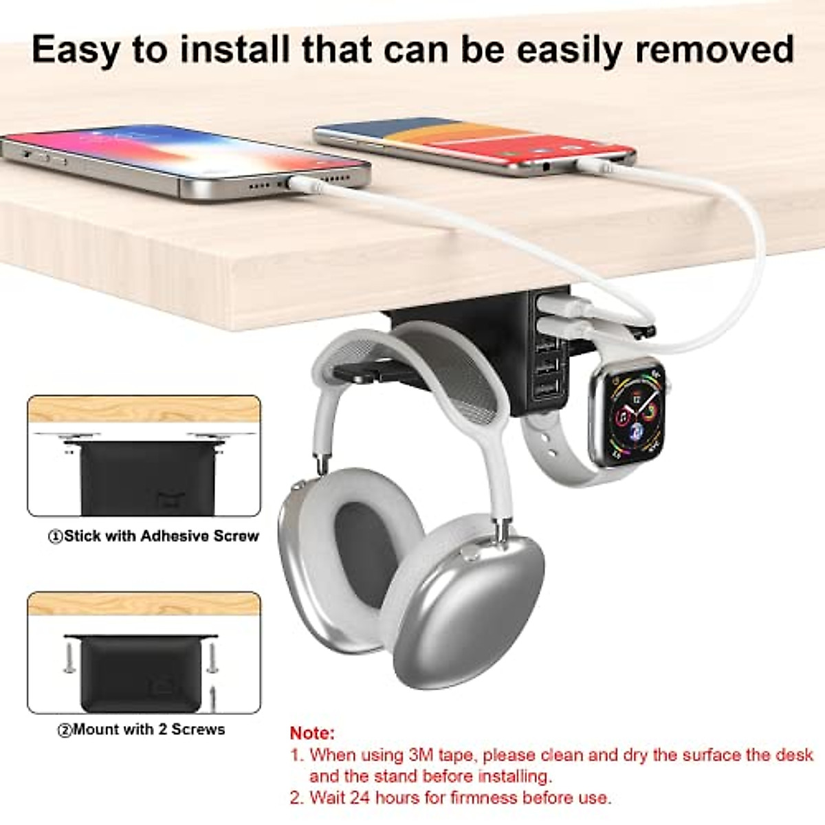 PC Gaming Headphone Headset Holder Hanger Hook Stand, HORUMP Dual Headphone Stand Under Desk with 5 Ports USB Charging Station, Suitable for Gamer Earphone Accessories as Boyfriend, Son, Husband Gifts