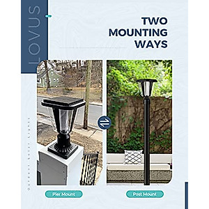 Lovus 2Pack Solar Post Light Fixture, Two Mounting Ways, Pole/Pier Mount 6000k Outdoor Solar Post Lamp Dusk to Dawn for Patio, Garden