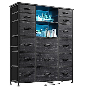 EnHomee 51" H Tall Dressers with Hutch 15 Drawer Dresser for Bedroom with Charging Station & LED Lights Sturdy Black Bedroom Dresser,Steel Frame, Wood Top, 51.2" H x 39.3" W x 11.8" D