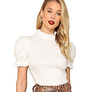 Floerns Women's Casual Frill Mock Neck Short Puff Sleeve Keyhole Back Work Office Blouse A White L