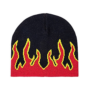 CORIRESHA Fall Winter Beanie Knit Hats for Men & Women, Warm & Soft Stylish Flame Skull Caps Red