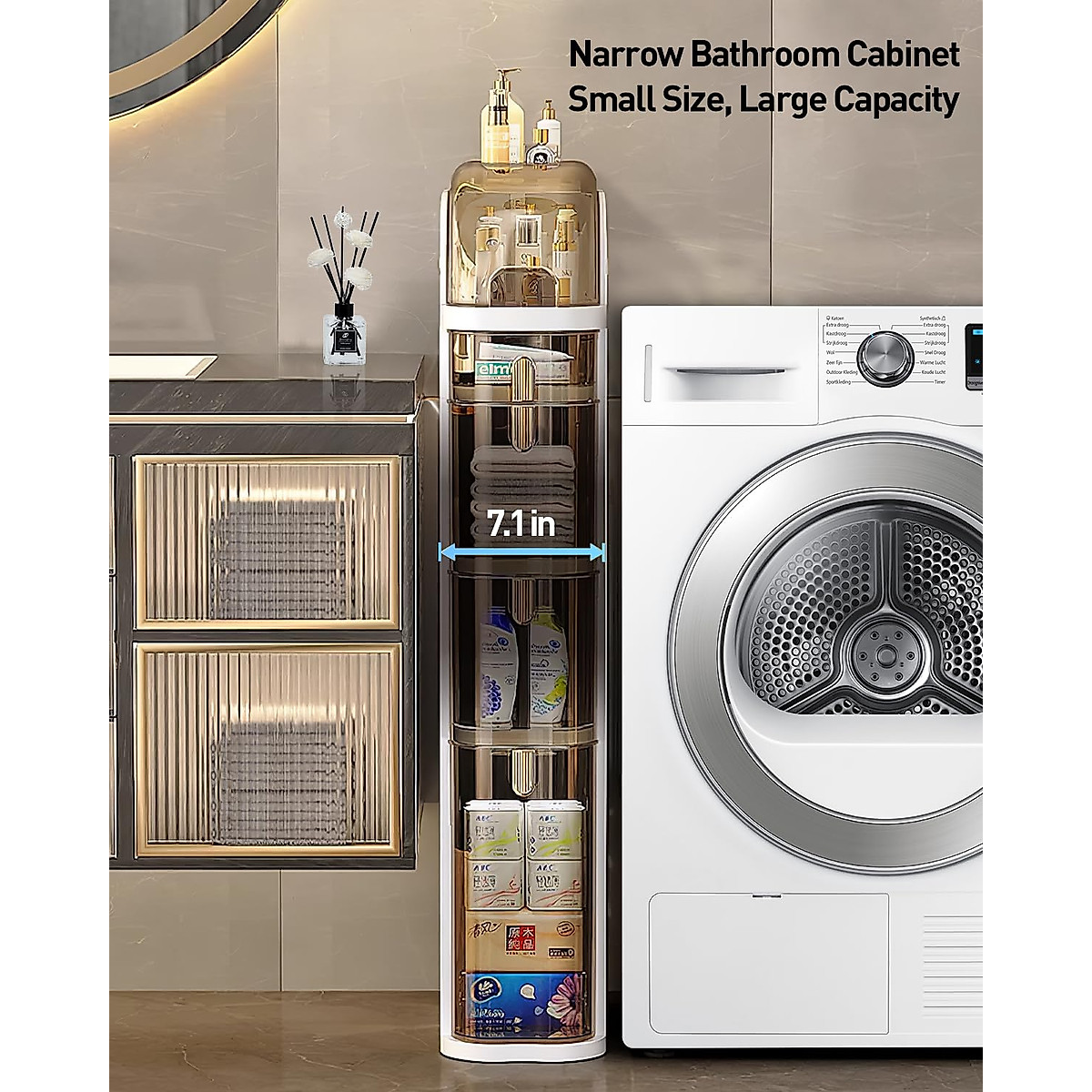 3-Tiers Narrow Storage Cabinet,narrow bathroom storage with Clear Drawers and Casters,slim bathroom storage cabinet for Small Kitchen Laundry Living Room Toilet Gap,No Installation Required