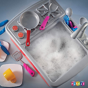 Play22 17 Pc Kids Play Sink with Running Water - Kitchen Sink Toy - Toddler Sink Toy with Real Faucet & Drain, Dishes, Utensils - Play Cooking Stove W/Pan - Kitchen Toys for Toddlers & Kids