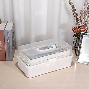 BTSKY 3-Layer Plastic Dividing Storage Box Craft Organizer and Storage with Adjustable Spacers Portable Handled Art Supply Organizer Multipurpose Home Utility Box for Medicine Box Sewing Box Organizer (Beige White)