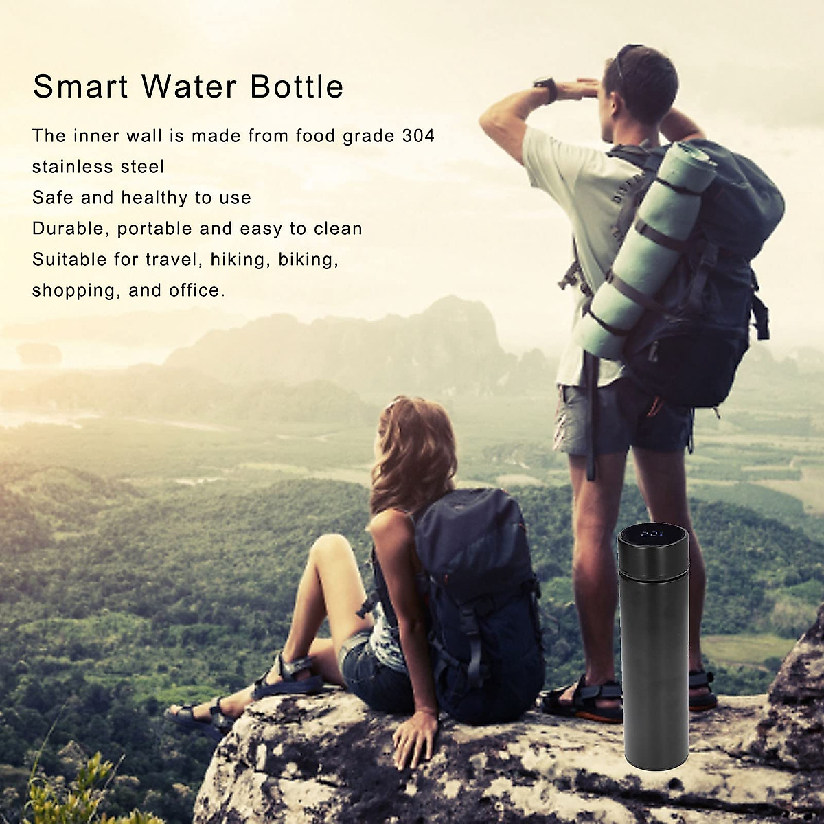 Insulated Bottles, 500ml Stainless Steel Thermal Mug Double Wall Vacuum Flasks with LED Display Vacuum Flasks with Lid for Home Office Kitchen Outdoor(black)