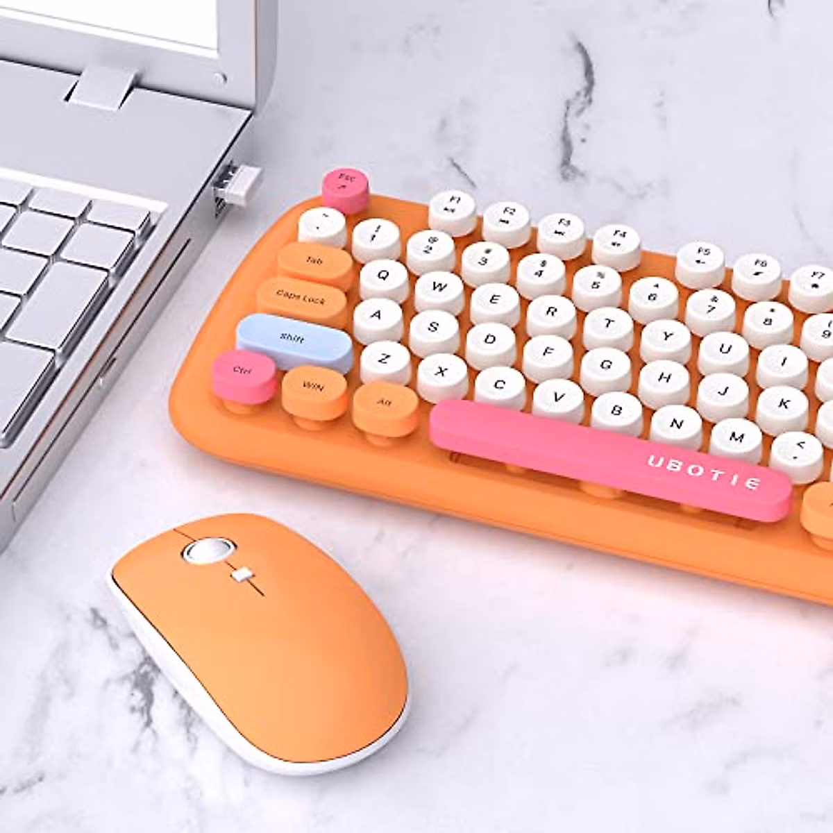 Colorful Wireless Computer Keyboards Mouse Combos, UBOTIE Polychrome Round Keycaps Retro PC Keyboards 2.4GHz Radio Frequency Connection with Optical Mouse(Orange-Colorful)