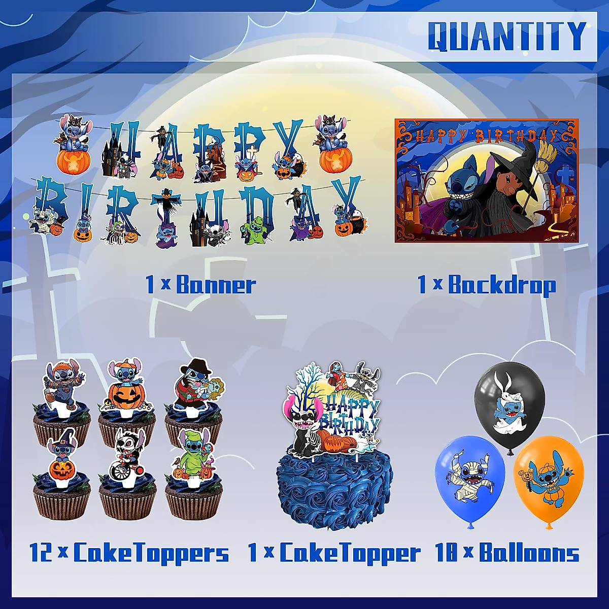 Stitch Halloween Birthday Party Decorations, Lilo Stitch Halloween Baby Shower Party Supplies Lilo Stitch Halloween Backdrop Banner Balloon Cake Topper Halloween Baby Shower Decoration for Girl Boy