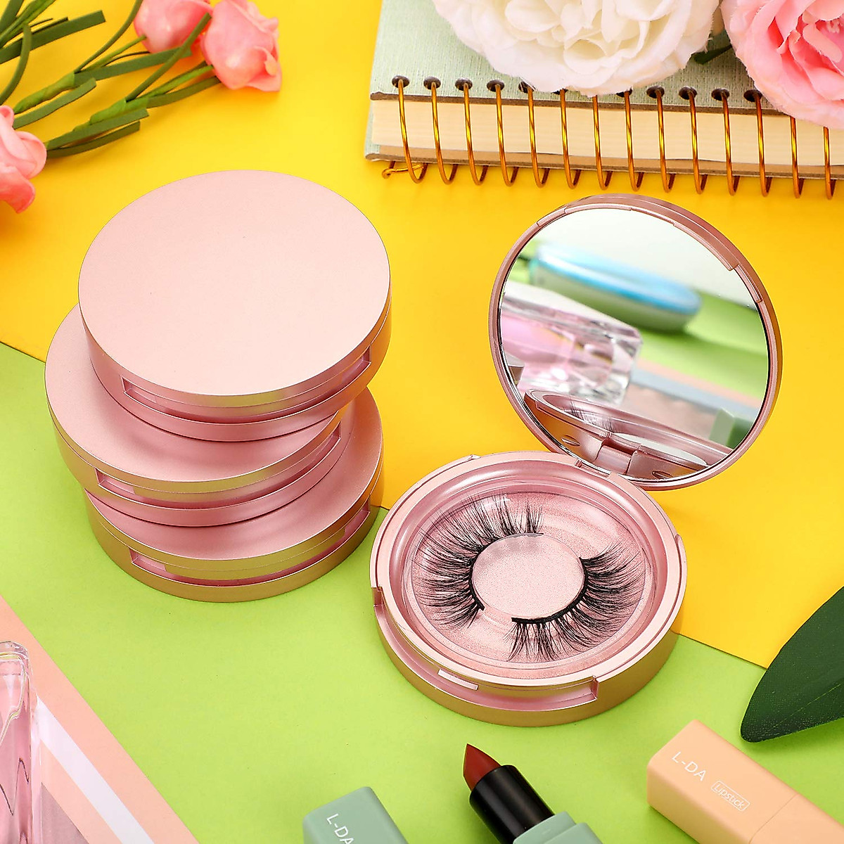 Maitys 6 Pieces Eyelash Packaging Circle Box with Mirror, Eyelash Storage Box Empty Eyelash Box with Lash Holder Eyelash Organizer Container for Travel Storage Women Girls (Rose Gold)