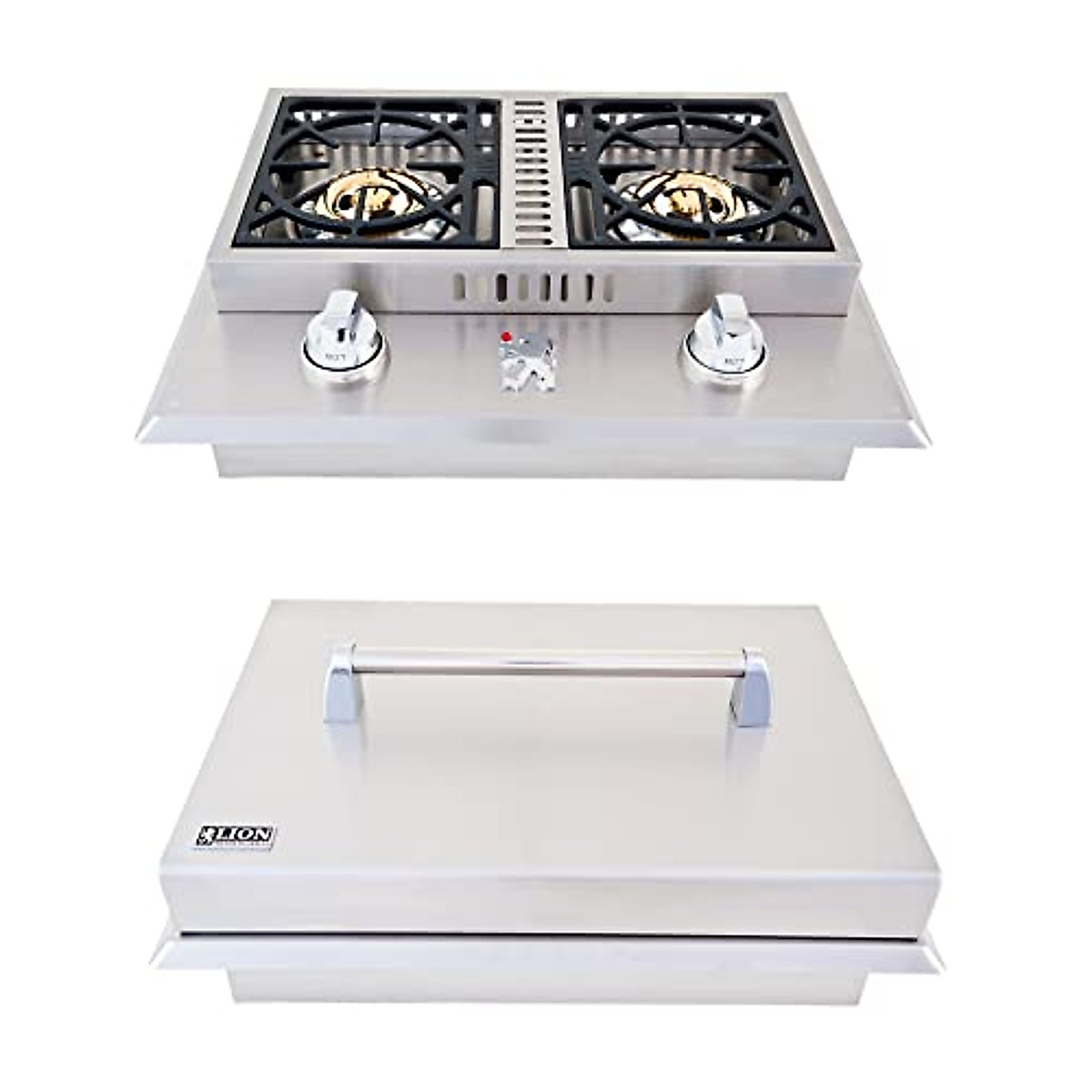 AMS Fireplace Lion BBQ Package Gas Grill 32", Double Side Burner, Door Drawer Combo, Vertical Door, Sink with Faucet and Accessories (Liquid Propane) | Free Table-top Bio Ethanol Fire Pit.