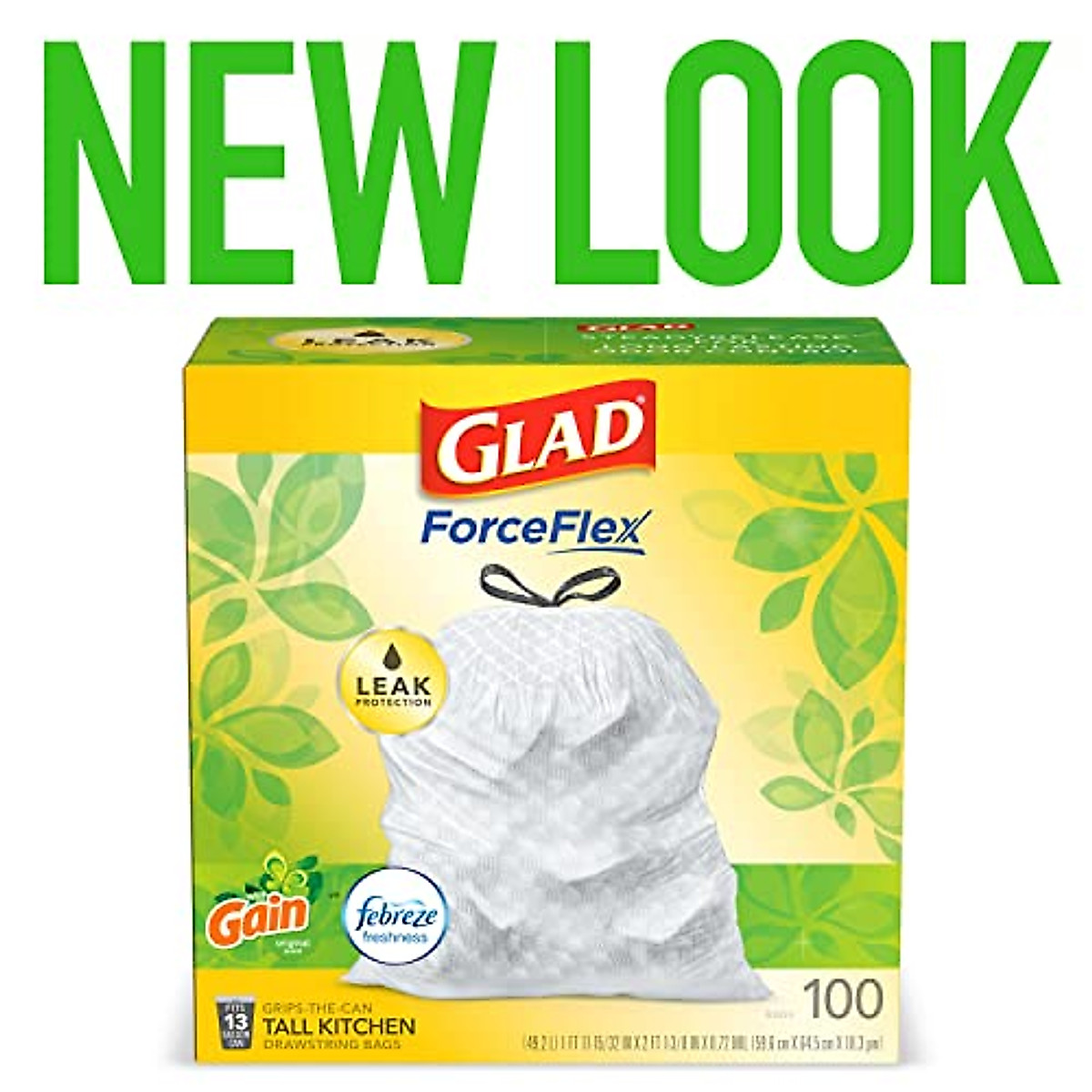 GLAD ForceFlex Tall Drawstring Trash Bags, 13 Gallon White Trash Bags for Tall Kitchen Trash Can, Gain Original Scent to Eliminate Odors, 100 Count - Packaging May Vary