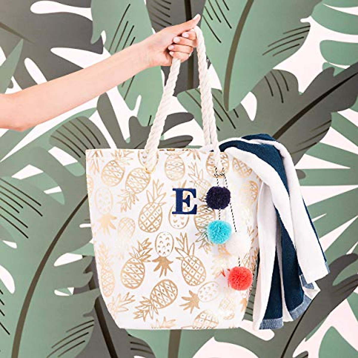 WEDDINGSTAR Personalized Monogrammed Cotton Canvas Beach Tote Bag - Gold Pineapple Print