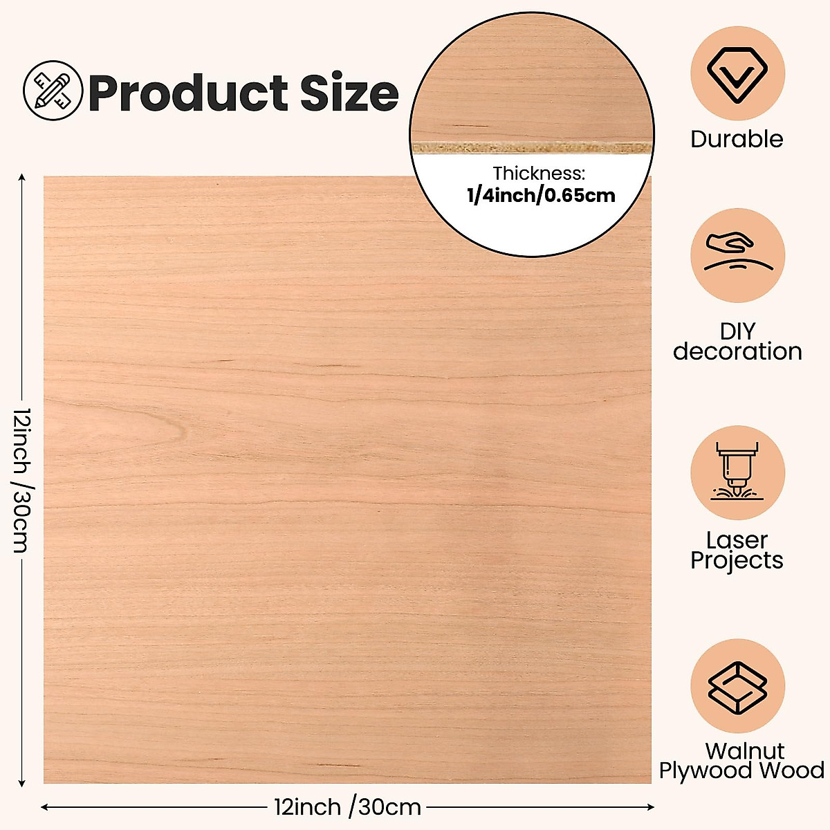 Geetery 16 Pcs 12 x12 Cherry Plywood Sheets 1/4 Unfinished Wood Sheets for Crafts 6.5mm Thin Plywood Wood for Laser Cutting and Engraving, Cutting, Painting, Fretwork, DIY School Projects