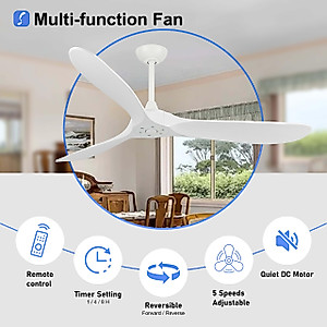 Swcita Large Ceiling Fans without Light, 60 Inch Modern Ceiling Fan with 3 Wood Blades, Noiseless Reversible DC Motor and Remote, for Outdoor Patios Indoor Bedroom Living Room Farmhouse, White