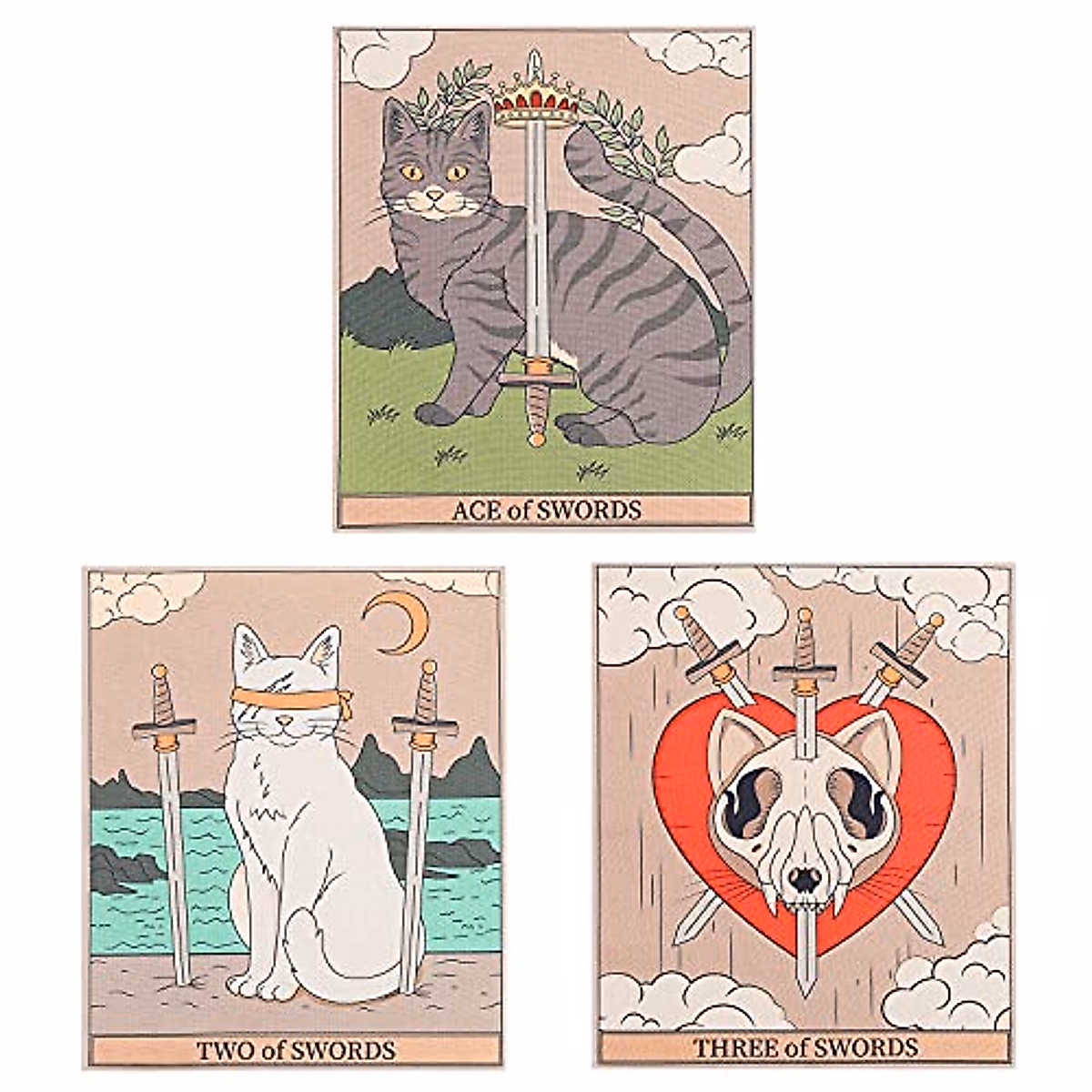 Lourny 3 Pcs Small Tarot Tapestry Wall Hanging Cute Animal Cartoon Cat Tapestries Decor for Bedroom Living Room(Swords, 12 x 16 inches)