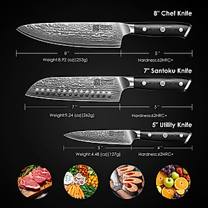 KEEMAKE Damascus Knife Set 3 PCS, Razor Sharp Kitchen Knife Set, 67 Layers Damascus Steel Knife, Japanese Chef Knife Set with Full Tang Ergonomic Handle, Kitchen Knives for Meat Vegetable Cutting