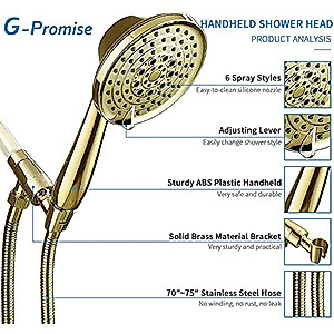 G-Promise Luxury High Pressure 5“ Face 6 Setting Detachable Handheld Shower Head with Extra Long Flexible Metal Hose(70” Stretches to 75”), Adjustable Metal Holder, Polished Brass Finish (2.5GPM)