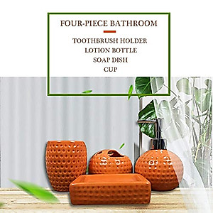 bbruriy 4-Pieces Orange Ceramic Bathroom Decor Accessory Set Includes Soap Lotion Dispenser,Soap Dish,Cup and Toothbrush Holder